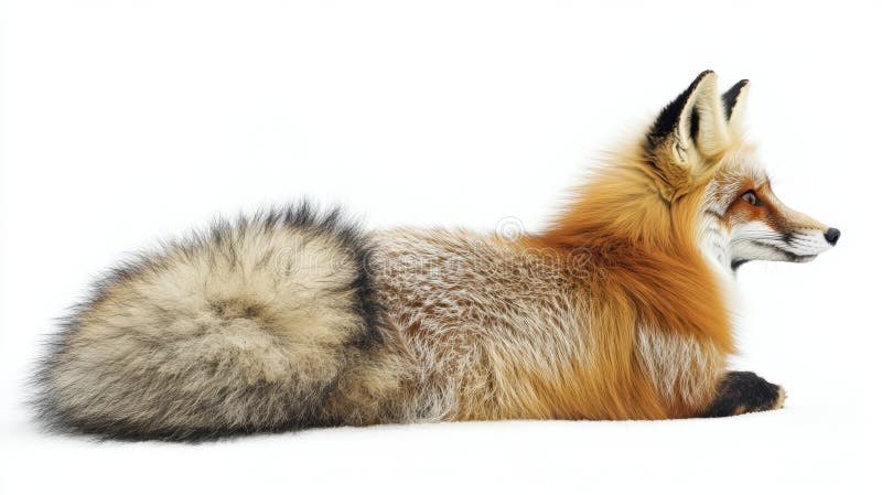 Red Fox in Side Profile View Displaying Bushy Curled Tail Against a ...