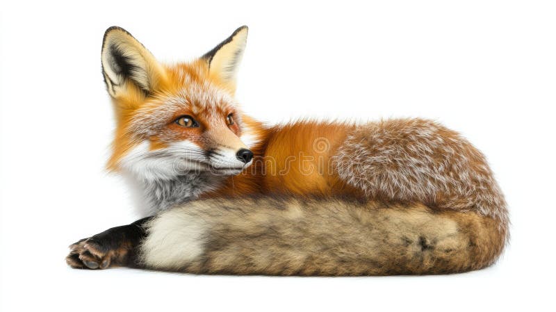 Red Fox in Side Profile Showcasing Bushy Curled Tail on Clean White ...
