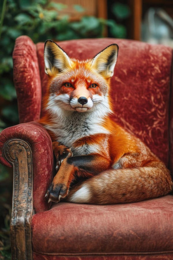 A Red Fox Sits Comfortably on a Bright Red Chair, Ready for a Cozy ...