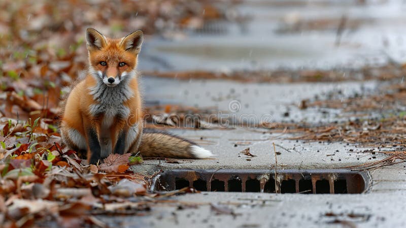 A Red Fox Sits on a Concrete Path in a Forest, Looking Directly at the ...