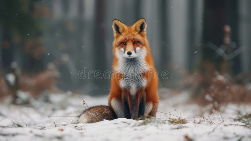 A Red Fox Sits and Looks at the Camera Across a Snowy Forest Stock ...