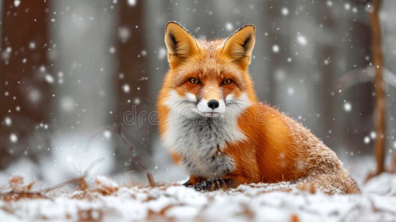 A Red Fox Sits and Looks at the Camera Across a Snowy Forest Stock ...