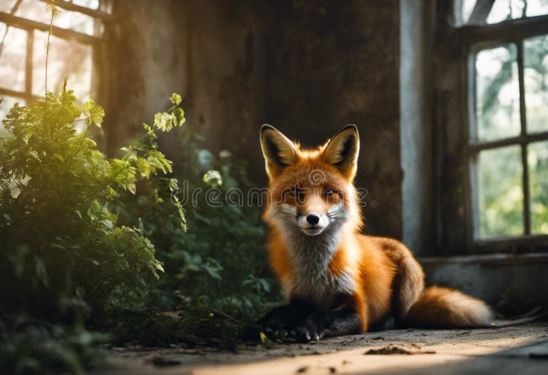 Red Fox Sits in an Old, Neglected Building with a Weathered, Rusty ...