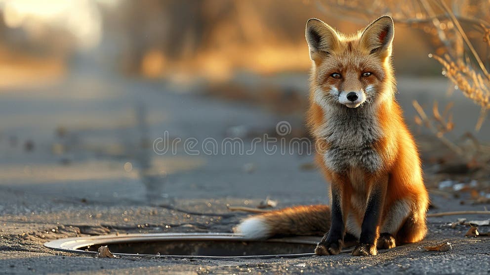 A Red Fox Sits on a Road with a Manhole Cover in the Foreground ...