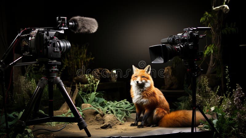 A Red Fox Sits on a Set with Two Cameras, One on Each Side, in a Dark ...