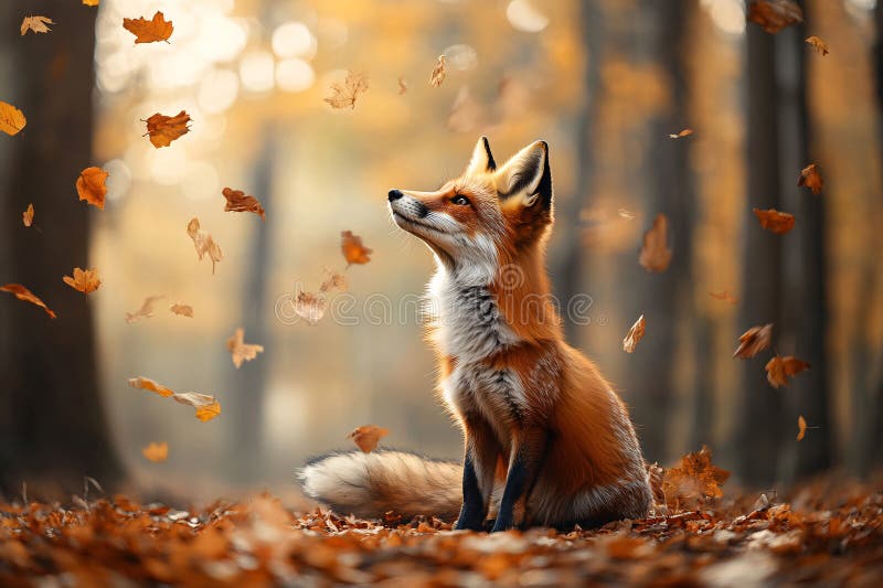 Red Fox Sitting in Autumn Forest with Falling Leaves Stock Illustration ...