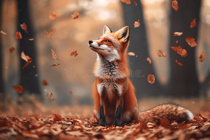 Red Fox Sitting in Autumn Forest with Falling Leaves with Copy Space ...