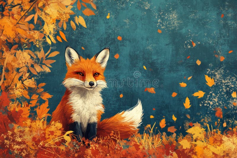Red Fox Sitting in Colorful Autumn Leaves Illustration Stock Image ...