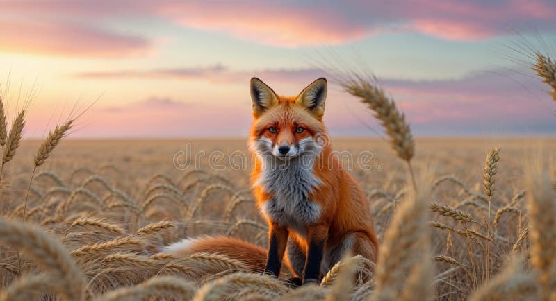 A Red Fox Sitting in a Field of Wheat at Sunset. Stock Image - Image of ...