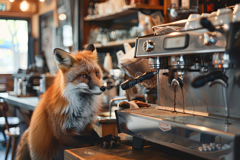 A Red Fox Sitting in Front of an Espresso Machine at a Trendy Cafe ...
