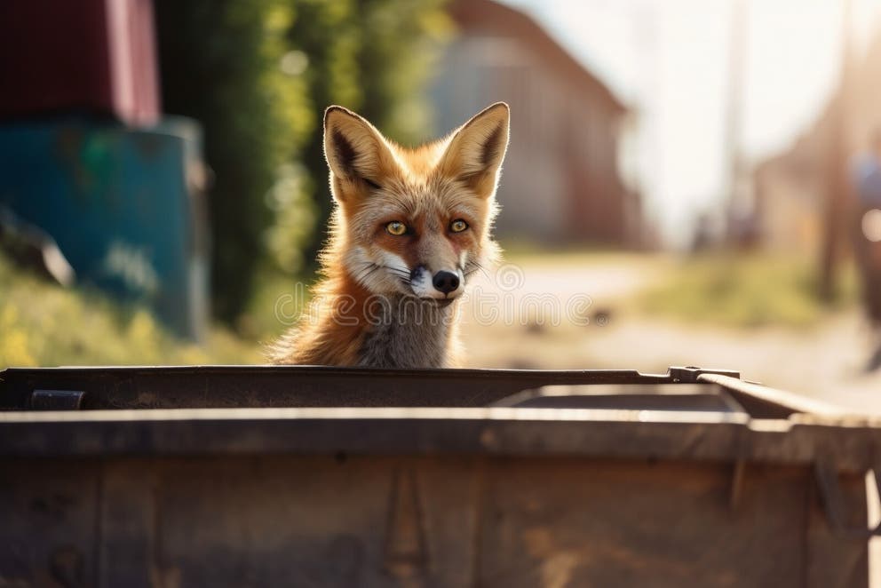 Red Fox Sitting in Front of Garbage Bin in Human Settlement. Generative ...