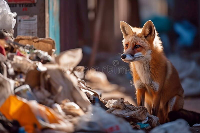 Fox Sitting between Garbage in Human Settlement. Generative AI ...