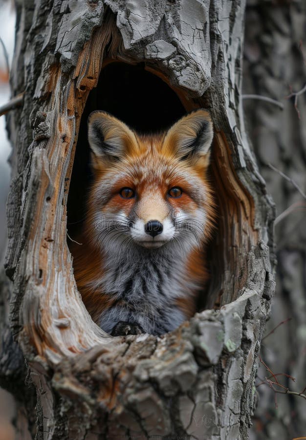 Red Fox Sitting in Hollow Tree in the Forest Stock Image - Image of ...