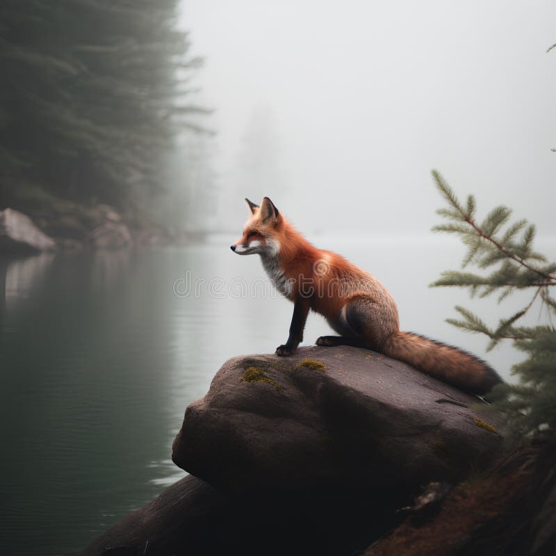 Red Fox Sitting on a Rock by the Lake in the Fog. Stock Illustration ...