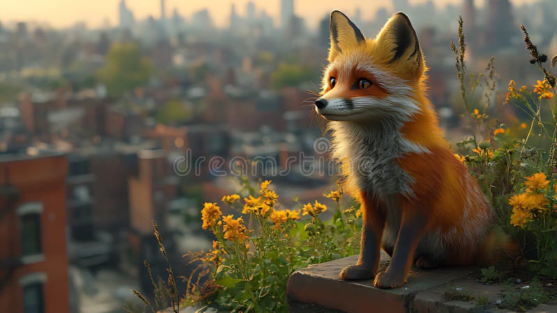 Red Fox Sitting on Rooftop Overlooking City at Sunrise Stock ...