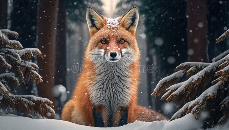 A Red Fox Sitting in the Snow in a Forest with Pine Trees Stock Illustration - Illustration of ...