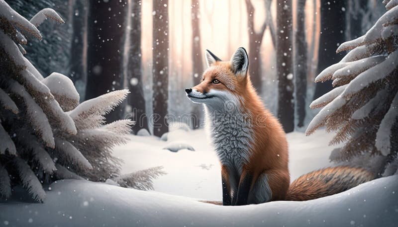 A Red Fox Sitting in the Snow in Front of a Forest Stock Image - Image ...