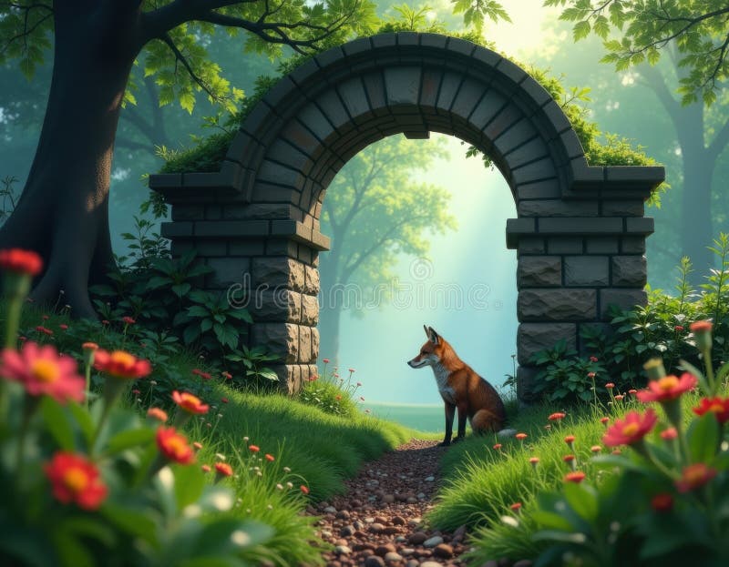Red Fox Sitting by Stone Archway in Magical Forest Stock Illustration ...