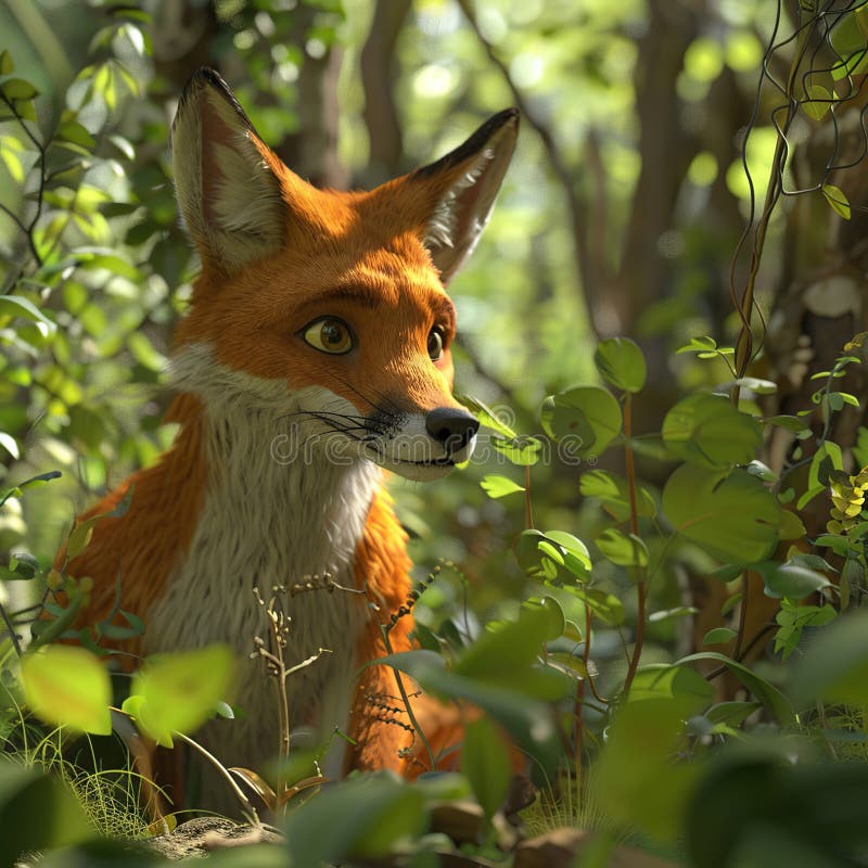 Red Fox Sitting in Sunlight Dappled Forest Stock Illustration ...