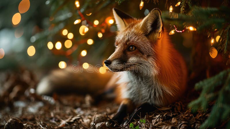 A Red Fox Sitting Under a Christmas Tree Stock Illustration ...