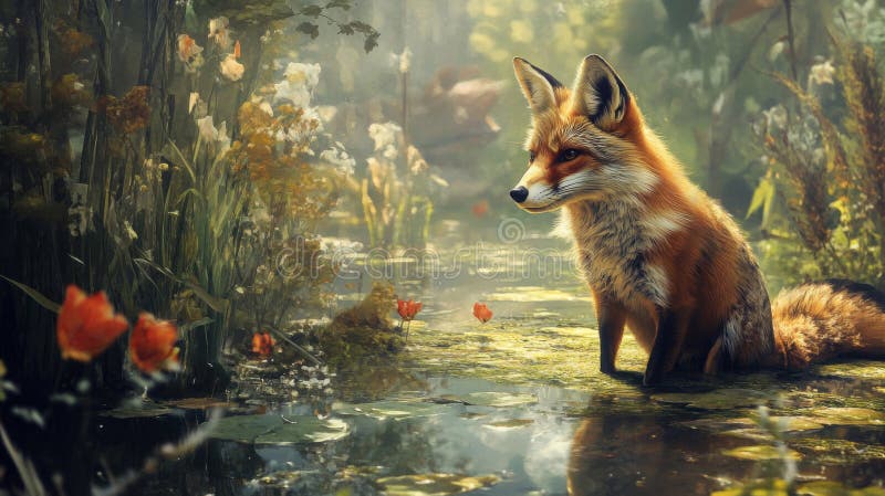 Red Fox Sitting by Water in Enchanted Forest Stock Illustration ...