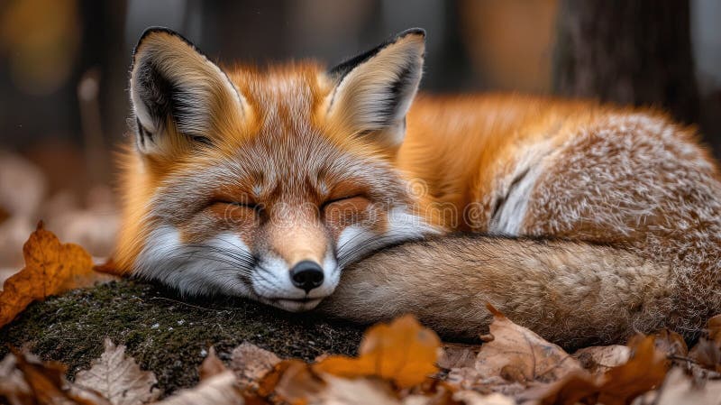 Red Fox Sleeping on a Bed of Autumn Leaves Stock Illustration ...