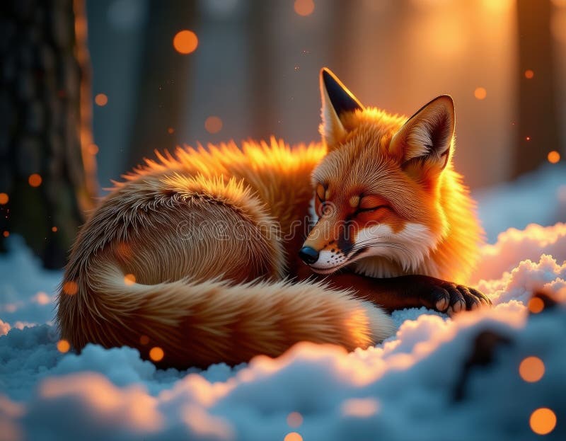Red Fox Sleeping in the Golden Hour Snow Stock Illustration ...