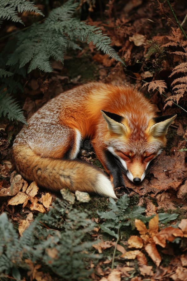 Red Fox Sleeping in Leaves stock photo. Image of bush - 376688364