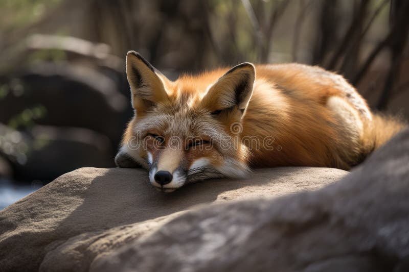 A Red Fox Sleeping on a Rock Near a River. Generative AI Stock ...