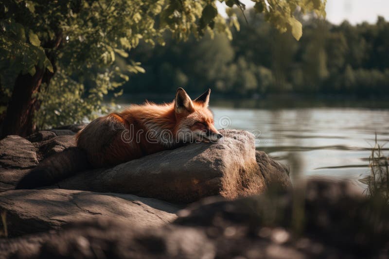 A Red Fox Sleeping on a Rock Near a River. Generative AI Stock ...