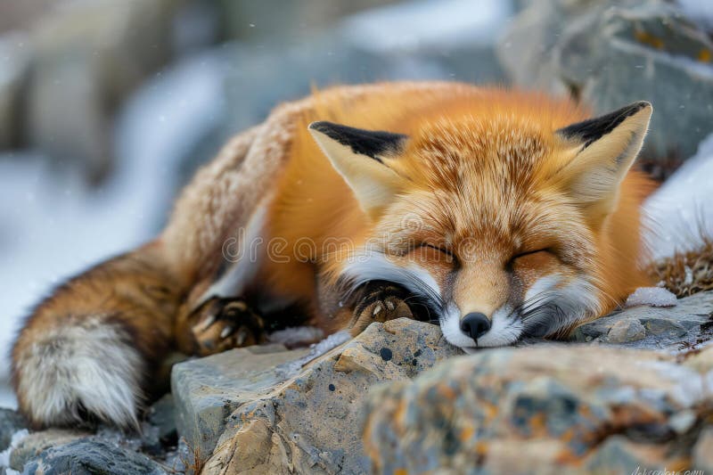 A Red Fox Sleeping on the Rocks in Winter, Photo , High Quality, High ...