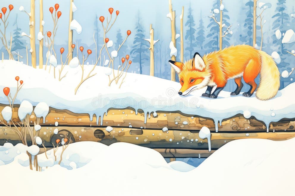 Red Fox Sniffing at a Snow-covered Log Stock Image - Image of ...