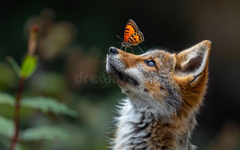 Red Fox Sniffs Butterfly on Its Nose. a Animal in Nature Playing with a ...