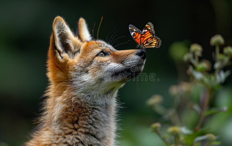 Red Fox Sniffs Butterfly on Its Nose. an Animal in Nature Playing with ...