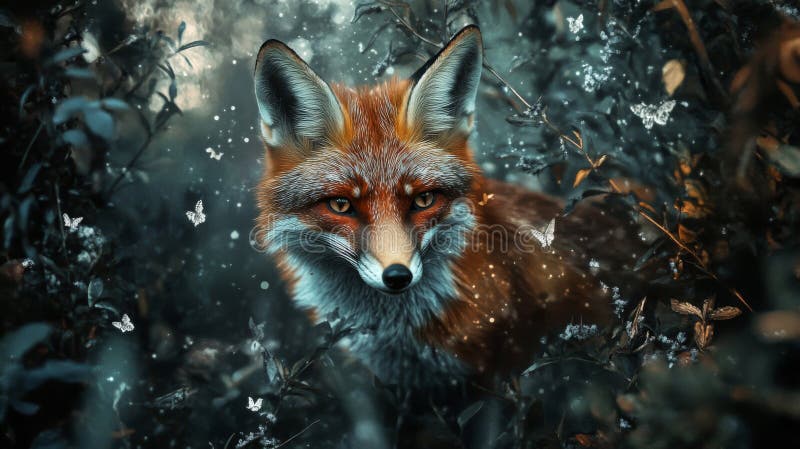 Red Fox in Snowy Forest at Night Stock Illustration - Illustration of ...
