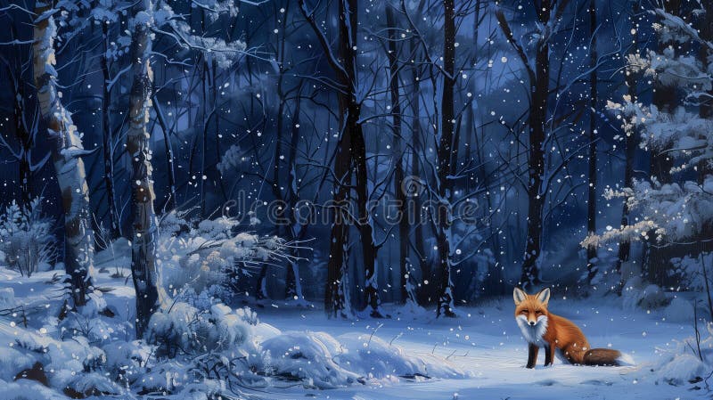 Red Fox in a Snowy Forest at Twilight Stock Illustration - Illustration ...
