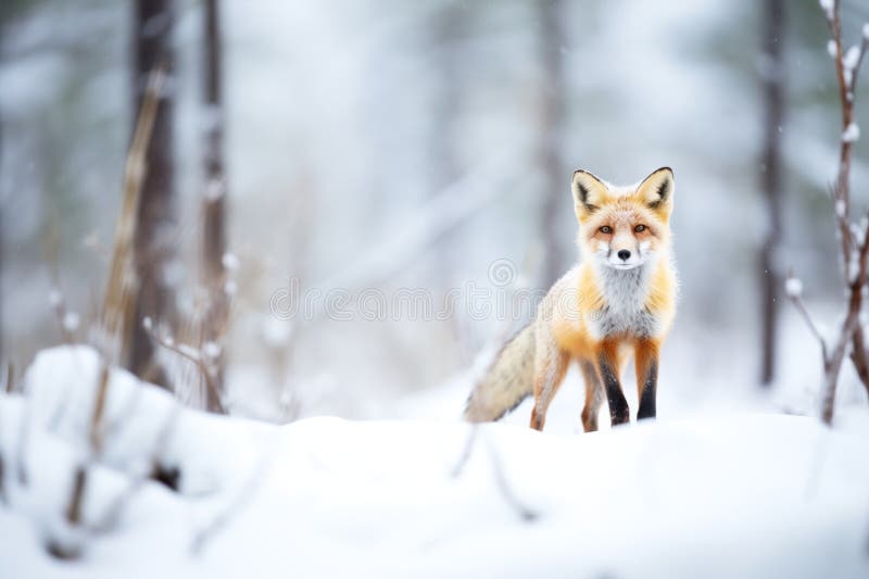 Red Fox Standing Alert in a Snowy Forest Clearing Stock Illustration ...