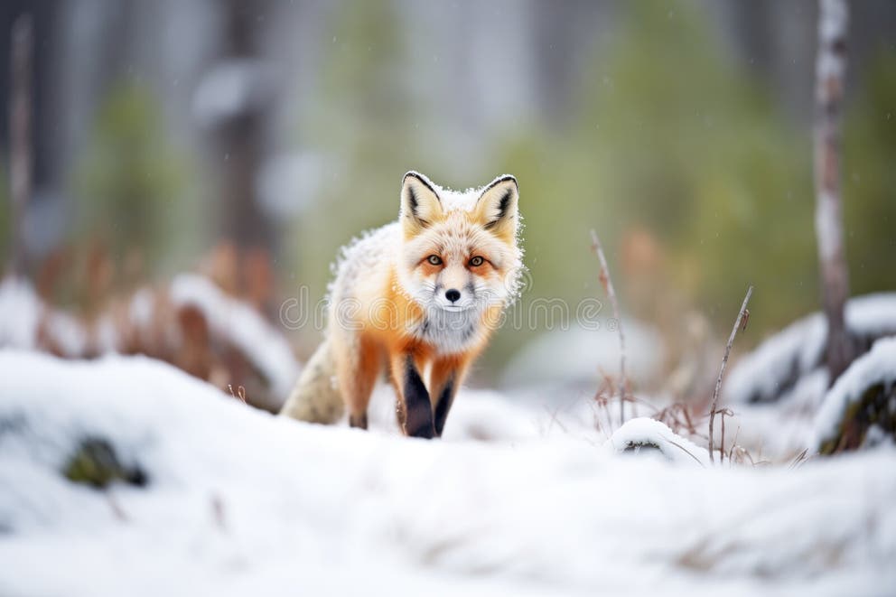 Red Fox Standing Alert in a Snowy Forest Clearing Stock Illustration ...