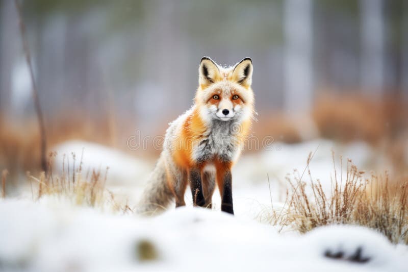 Red Fox Standing Alert in a Snowy Forest Clearing Stock Illustration ...