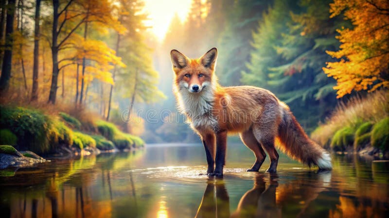 Red Fox Standing in Autumn River Water at Sunrise. Generative AI Stock ...