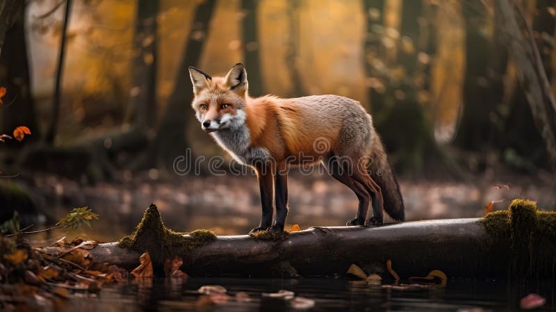 Red Fox Standing on a Log in a Forest in Autumn, UK Stock Illustration ...