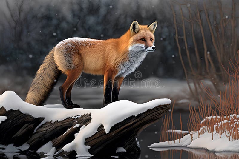 Red Fox Standing on a Log in the Winter Forest. 3d Render Stock ...