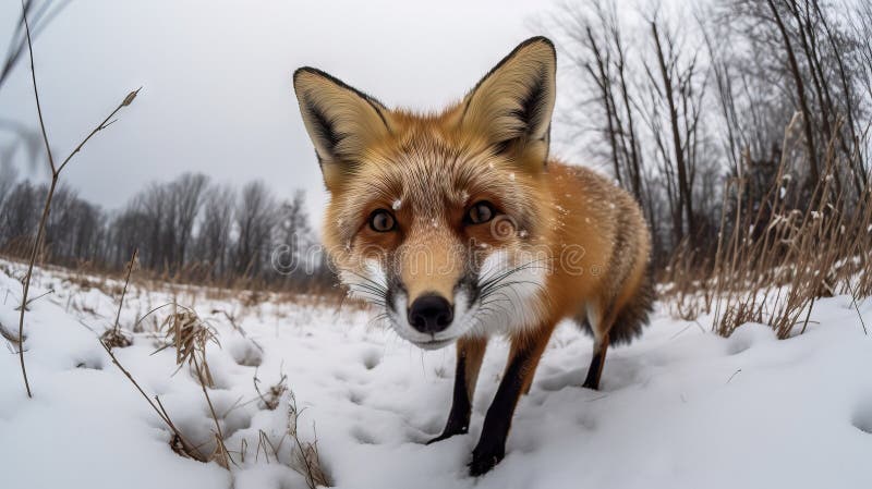A Red Fox Standing in the Snow Looking at the Camera with a Sad Look on ...