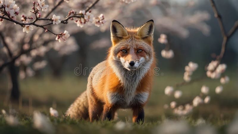 A Red Fox Stands Gracefully among Blooming Cherry Blossom Trees in a ...
