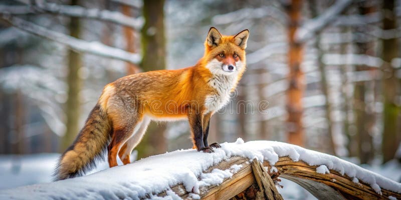 A Red Fox Stands on a Snow Covered Log in a Winter Forest. Generative ...