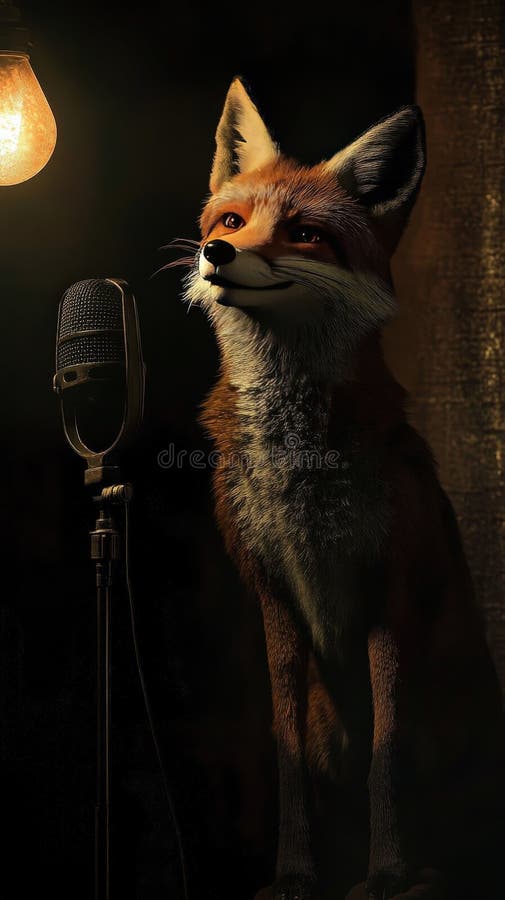 Red Fox in a Cozy Studio Setting with Vintage Microphone Stock Photo ...