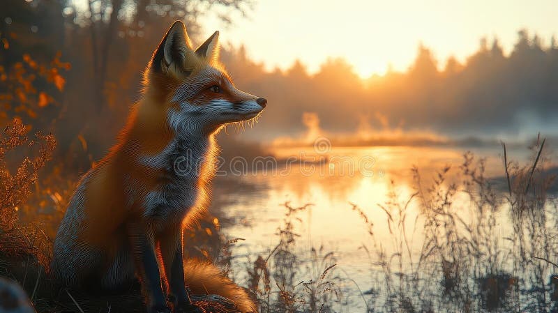 Red Fox at Sunset by the River Stock Illustration - Illustration of ...