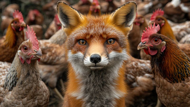 Red Fox Surrounded by Curious Chickens in Barnyard Scene Stock Image ...