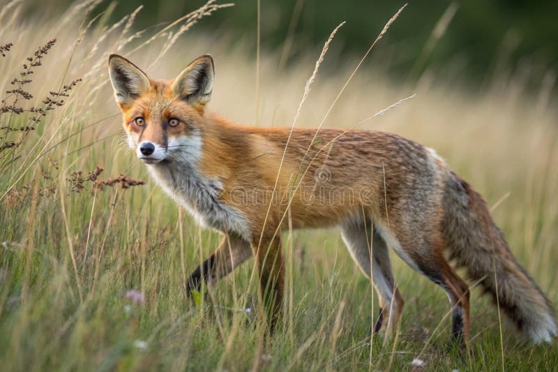 Red Fox in Tall Grass Under a Dramatic Field Stock Photo - Image of ...