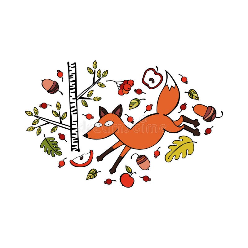 Red Fox. Trees, Branches, Leaves. Berries and Apples. Acorns. Isolated ...